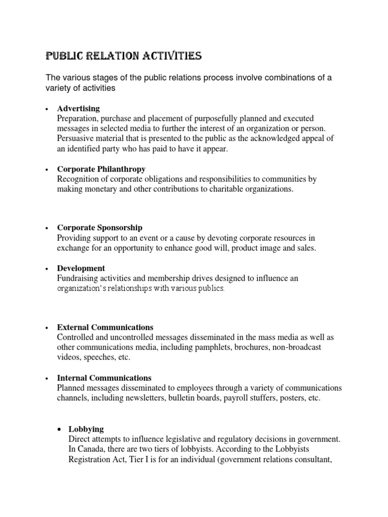 Types of Public Relations Activities | PDF | Public Relations | Mass Media