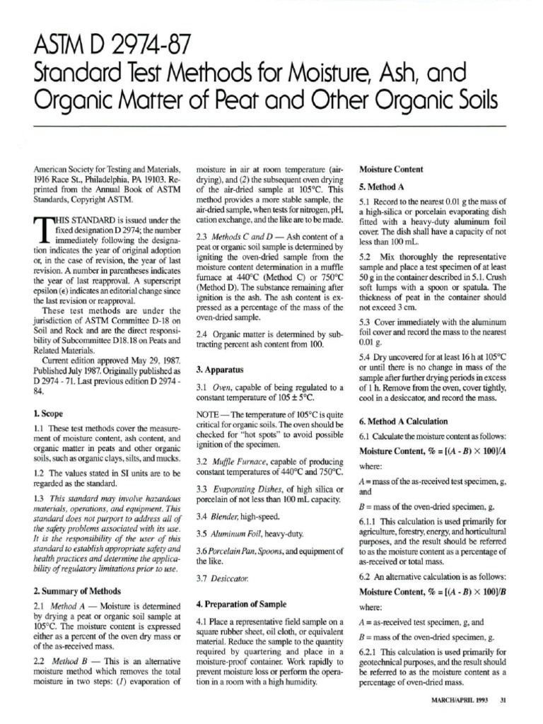Stas American Astm d2974-87 Material Organic | PDF | Soil | Chemistry