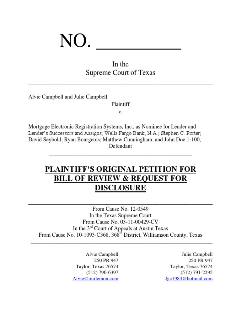 Original Petition For Bill of Review | PDF | Mortgage Law | Lawsuit