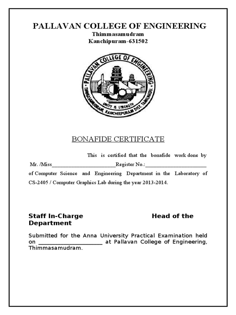 Pallavan College of Engineering: Bonafide Certificate | PDF | Technology & Engineering