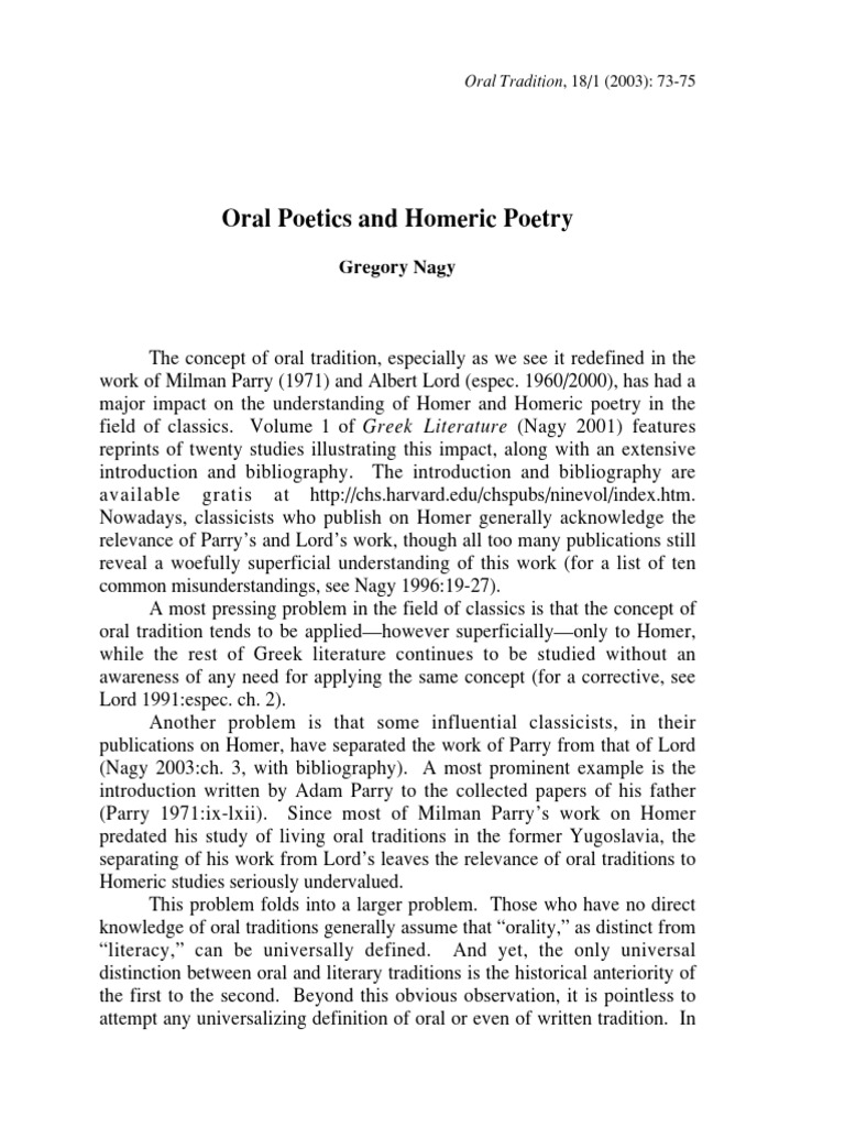 Oral Poetics and Homeric Poetry: Gregory Nagy | PDF | Oral Tradition ...