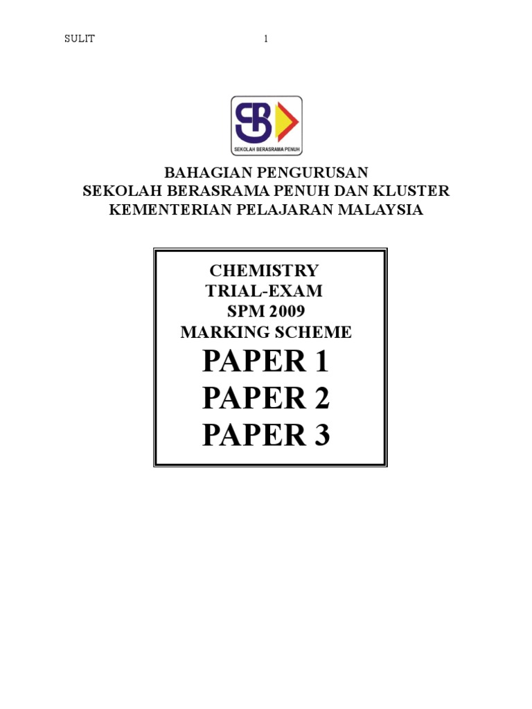 Marking Scheme Paper 1 2 3 SBP Trial SPM 2009 | PDF | Electrochemistry | Acid