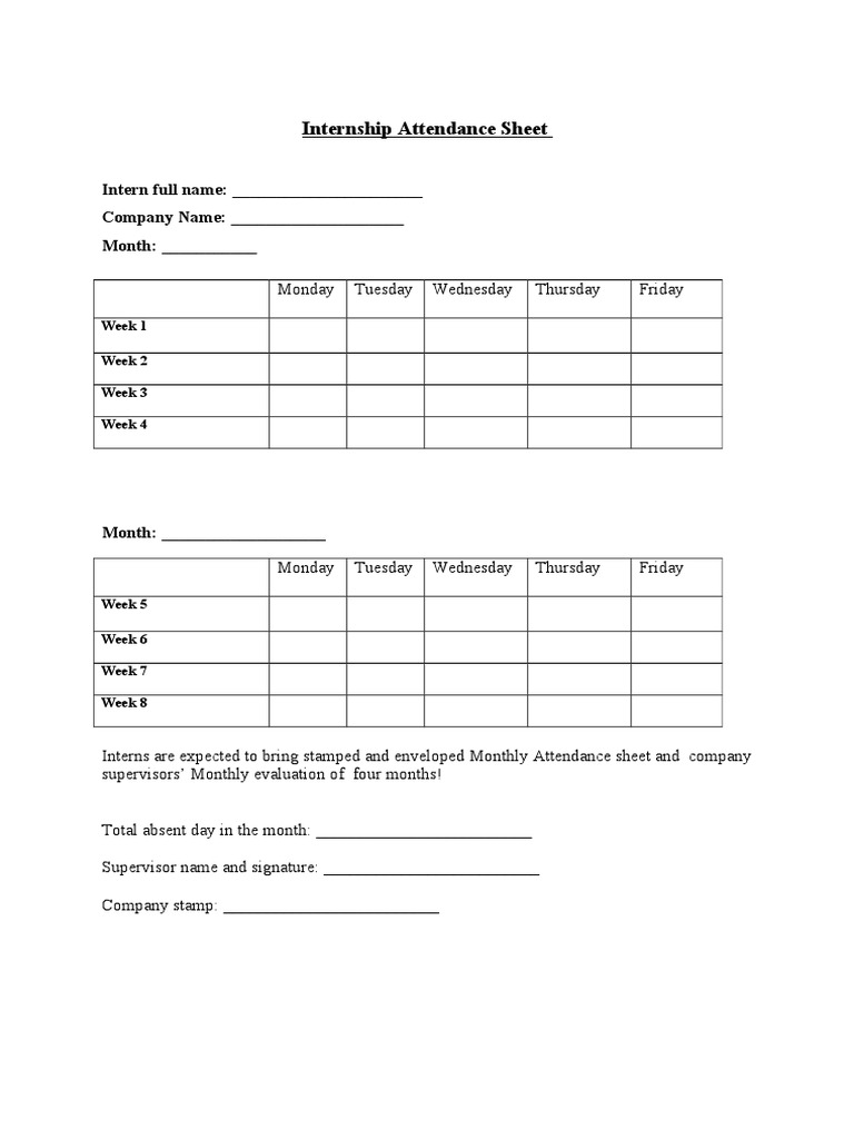 Internship Attendance Sheet | PDF | Sports