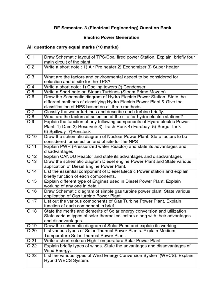 BE Semester-3 (Electrical Engineering) Question Bank Electric Power ...