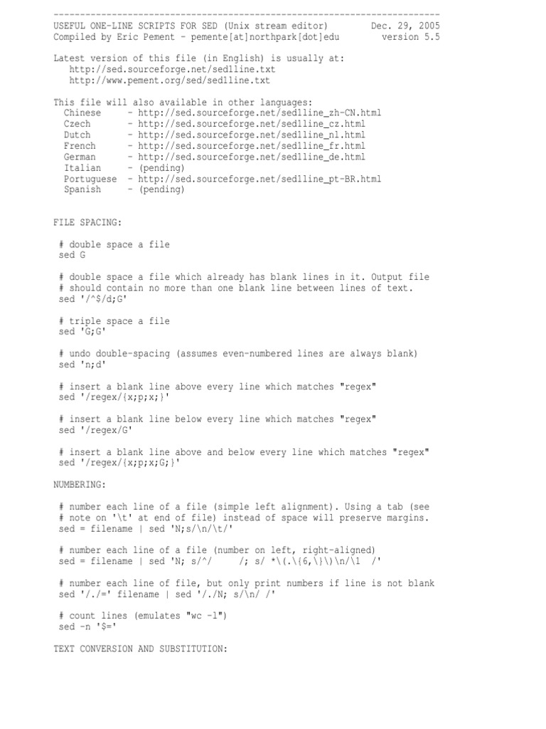 Sed 1 Liners | PDF | Regular Expression | Command Line Interface