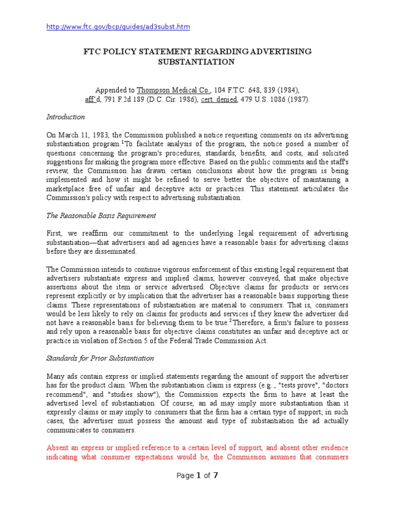 FTC Policy Statement Regarding Advertising Substantiation | PDF ...