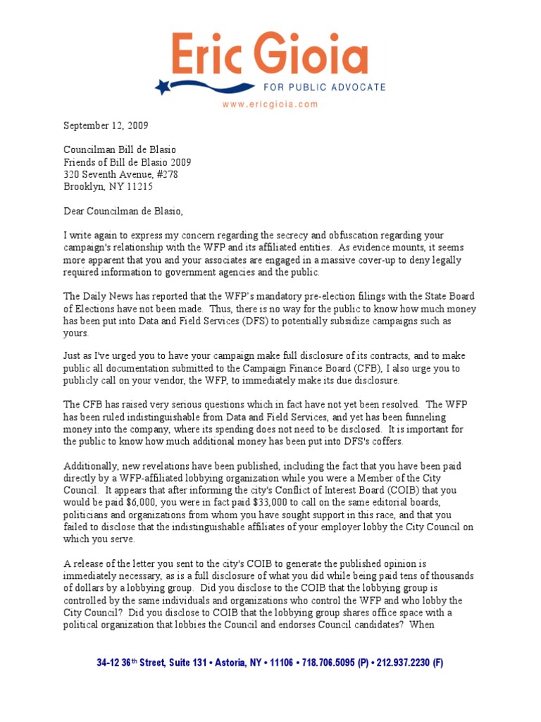 Letter 091209 | PDF | Lobbying In The United States | Conflict Of Interest