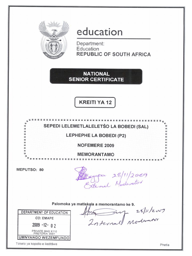 Sepedi+SAL+P2+Nov+2009+Rubric | Languages Of Africa | Languages