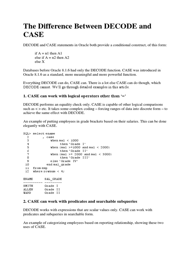 The Difference Between Decode And Case Oratable Pdf Pl Sql Data