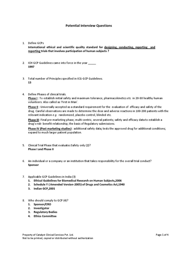 Potential Interview Questions | PDF | Clinical Trial | Pharmacy Potential Interview Questions | PDF | Clinical Trial | Pharmacy