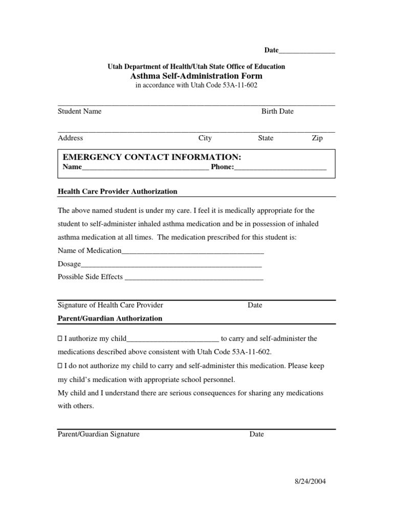Utah Asthma Self-Administration Form | PDF