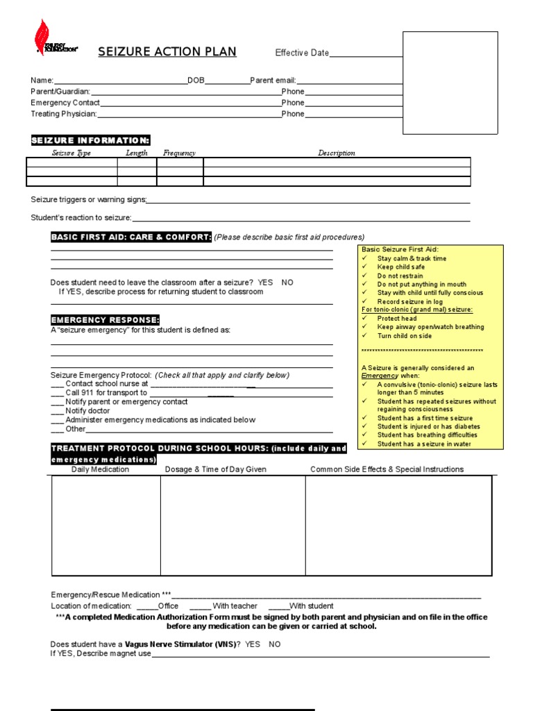 Seizure Care Plan Epilepsy Foundation | PDF | First Aid | Epilepsy