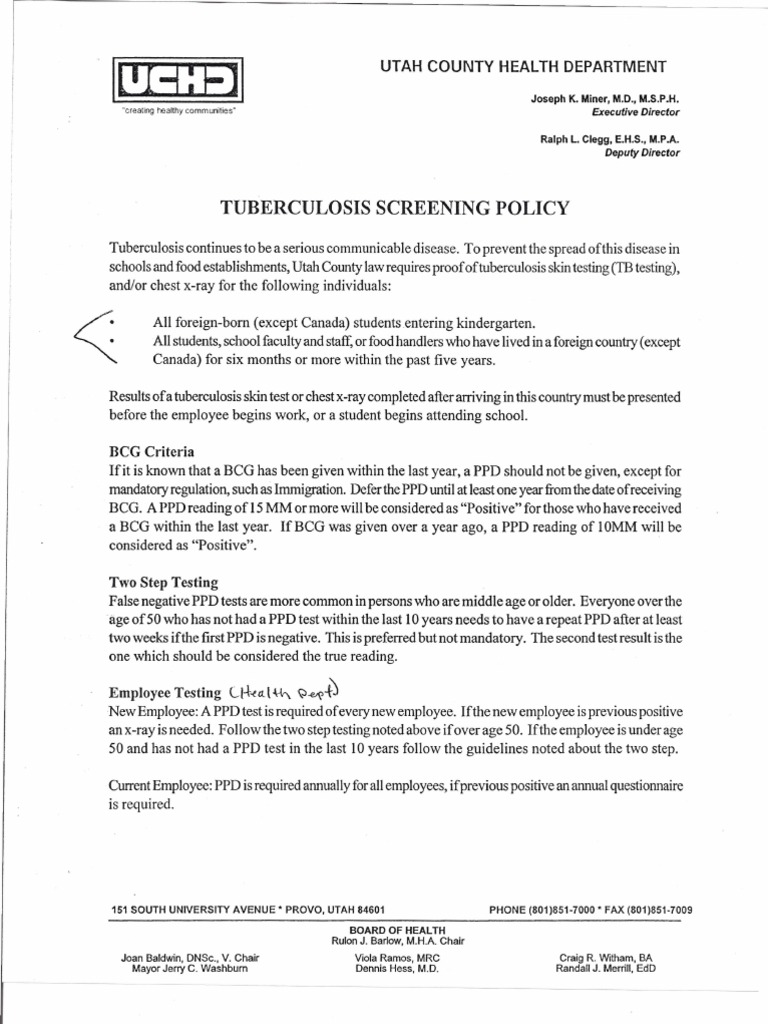 Utah County Tuberculosis Screening Policy | PDF | Tuberculosis ...