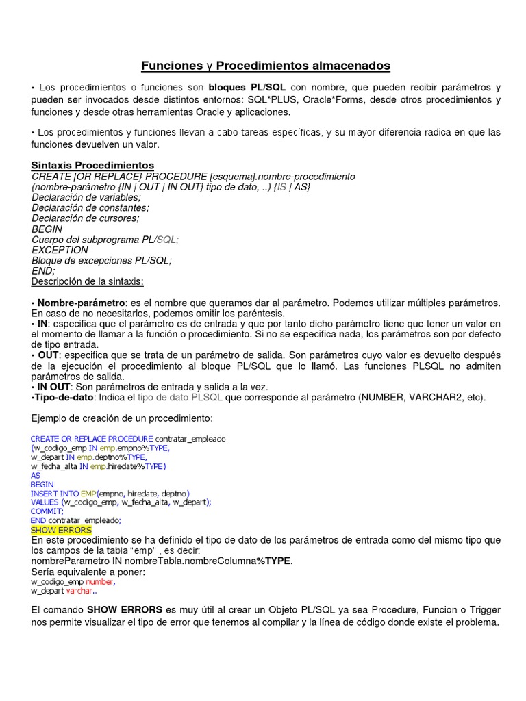 Funciones y Procedimientos Almacenados | PDF | Pl / Sql | SQL