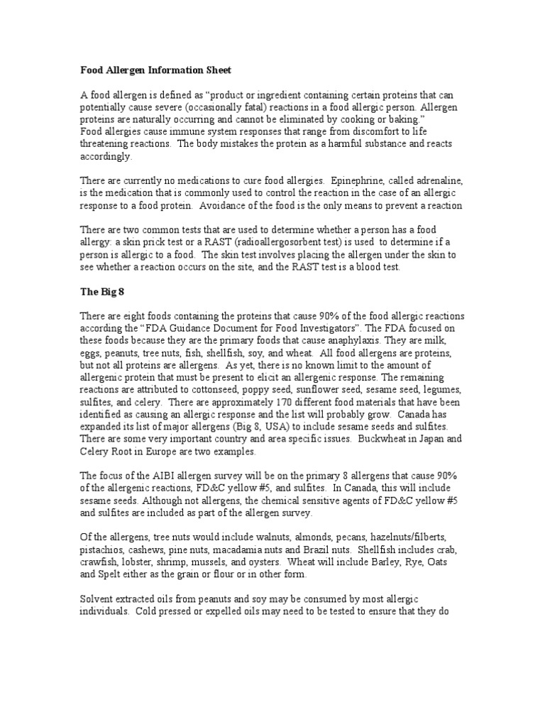 Food Allergen Information Sheet | PDF | Food Allergy | Allergy