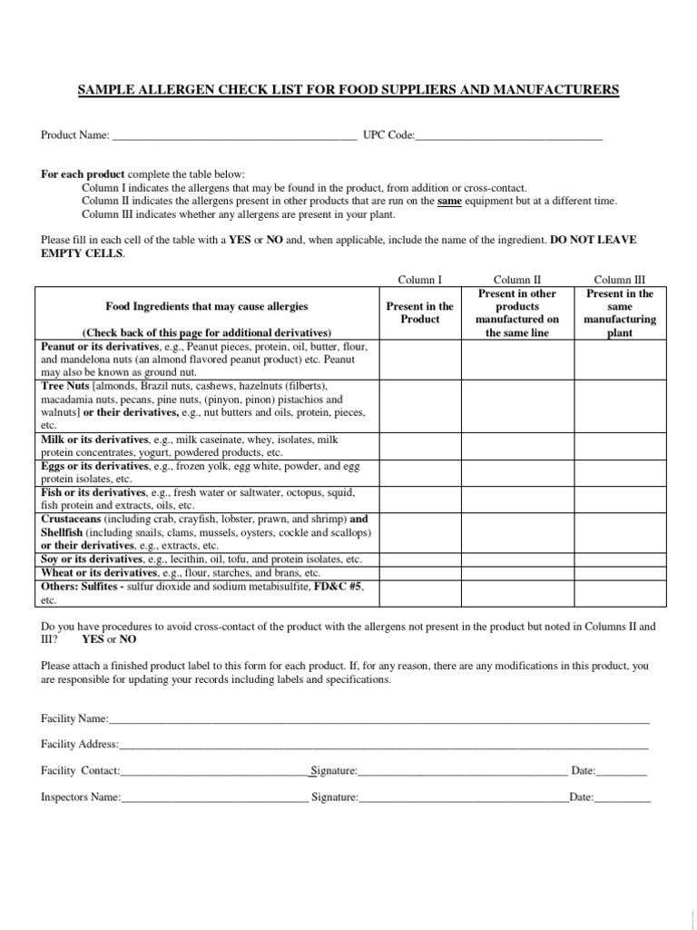 Sample Food Allergen Check List For Food Suppliers | PDF | Food Allergy ...