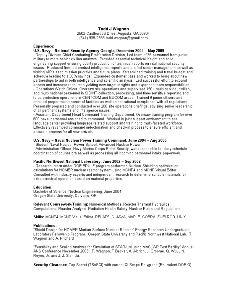 Todd Wagnon PDF Nuclear Resume | United States Navy | United States ...