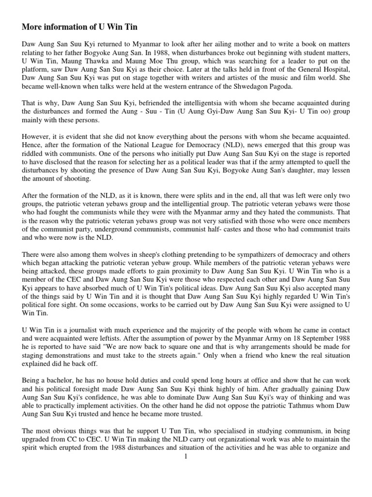 More Information of U Win Tin | PDF | Myanmar | Politics Of Myanmar