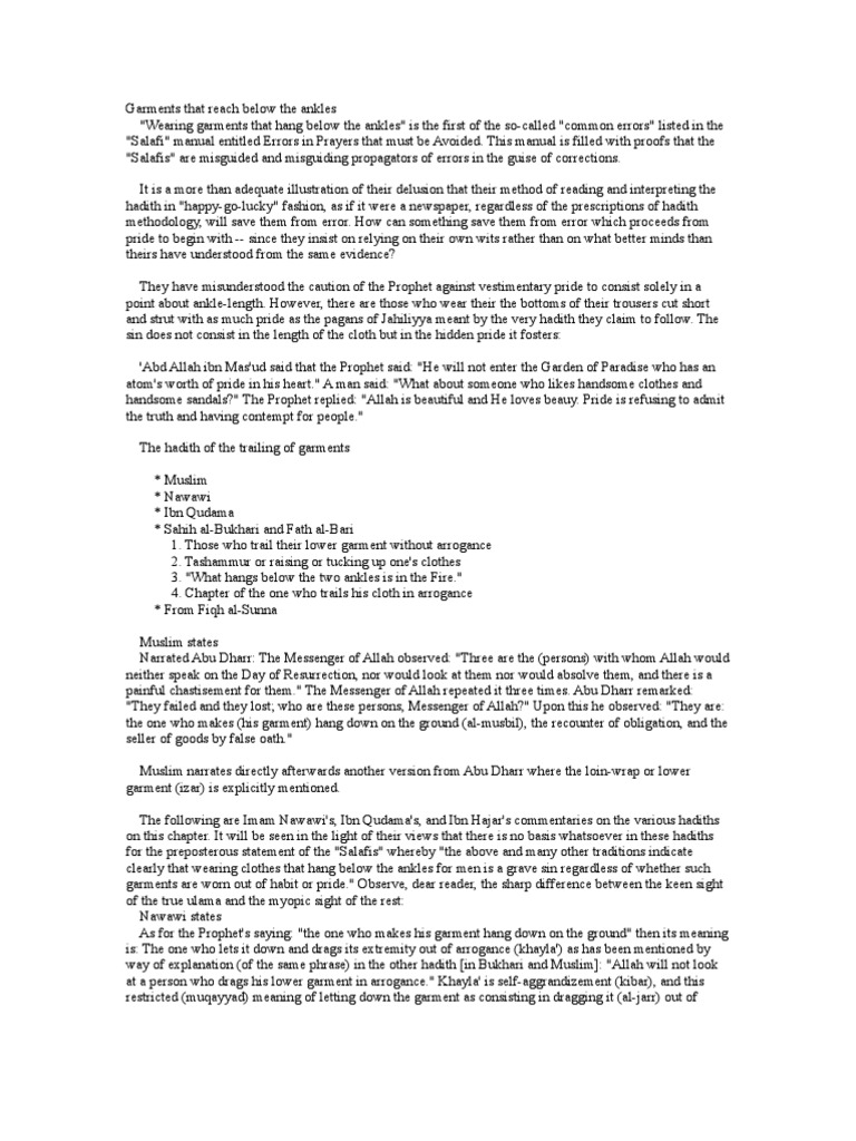 Isbal, Garments That Reach Below The Ankles | PDF | Hadith | Muhammad