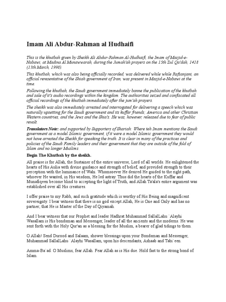 Khutbah by Imam Ali Abdur-Rahman Al Hudhaifi | PDF | Kafir | Prophets ...