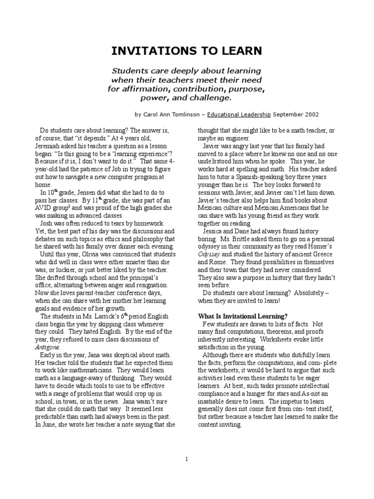 Invitations To Learn | PDF | Classroom | Teachers
