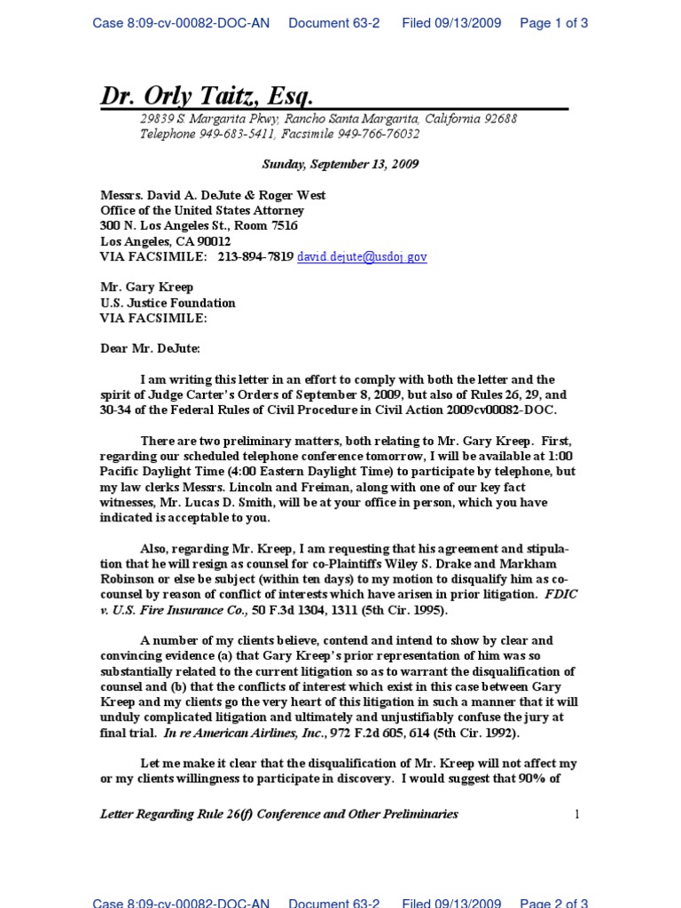 KEYES V OBAMA - 63.1 - Letter Proposed Schedule of Depositions, Notice ...