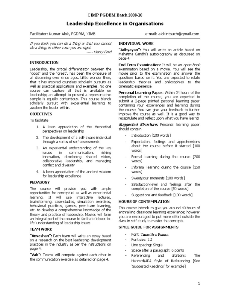 CIMP LEO Course Outline Batch 2008-10 | PDF | Transformational ...