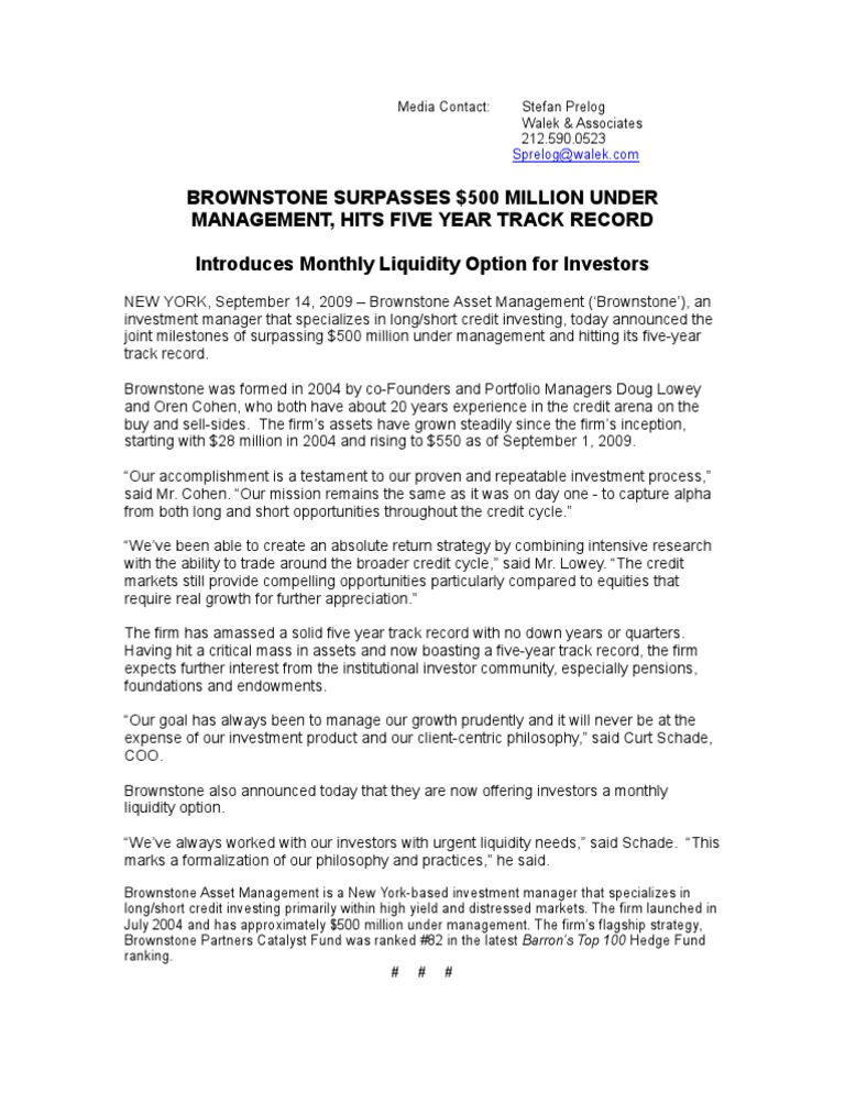 Brownstone Asset Management - 5 Years, $500 Million AUM | PDF ...