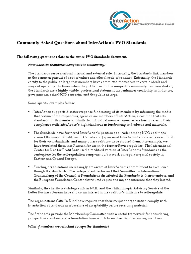 PVO Standards FAQ | PDF | Non Governmental Organization | Nonprofit ...