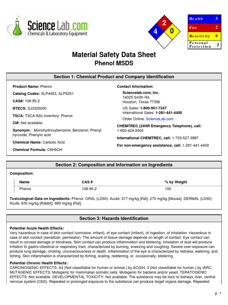 Phenol Material Safety Data Sheet | PDF