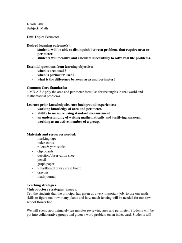 Fourth Grade Perimeter Lesson Plan | PDF | Educational Assessment ...