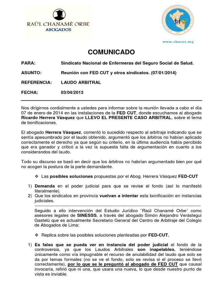 Comunicado de Asesoría Legal SINESSS: Reunión SINESSS y FED-CUT, sobre laudo arbitra | PDF ...