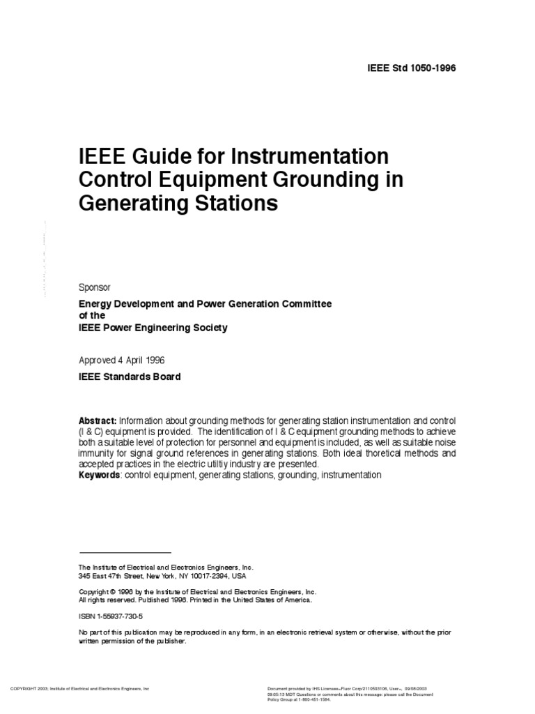 IEEE STD 1050-1996 Guide For Instrumentation Control Equipment Grounding in Generating Stations ...