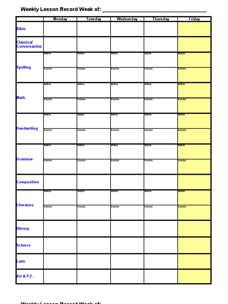 Weekly Lesson Plan Record Template | PDF