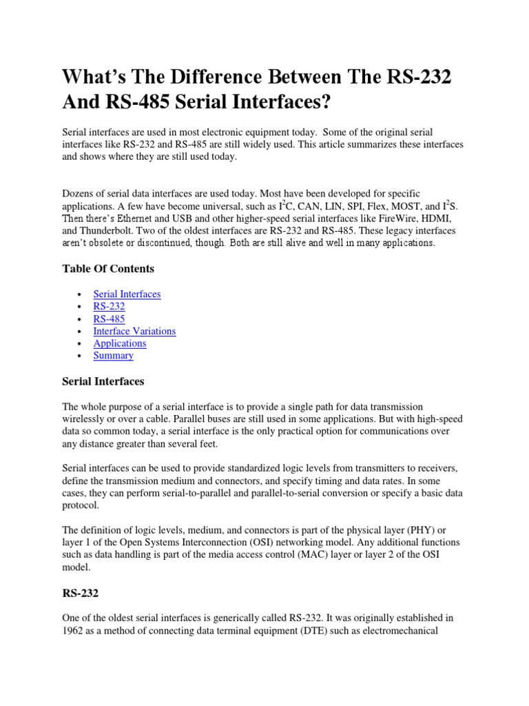 What's The Difference Between The RS-232 and RS-485 Serial Interfaces? | PDF | Physical Layer ...