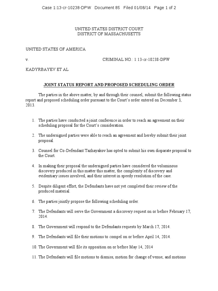 Joint Status Report and Proposed scheduling DIAS KADYRBAYEV and ROBEL ...