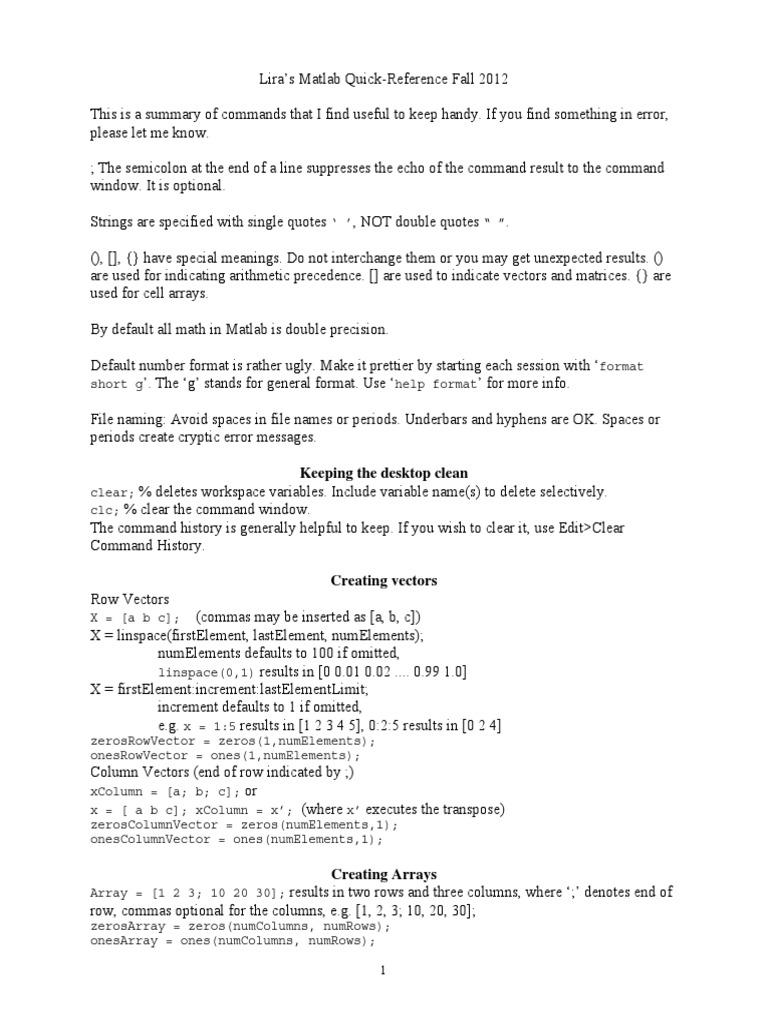 Matlab QuickRef | PDF | Integral | Matlab