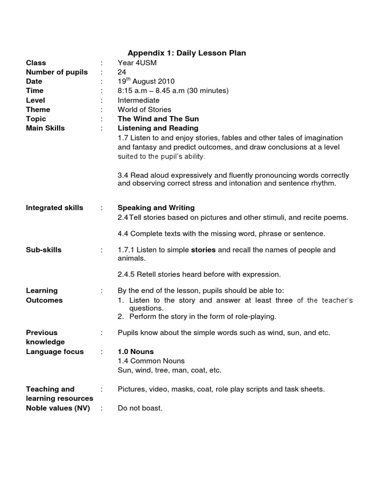 Appendix 1: Daily Lesson Plan | PDF | Lesson Plan | Linguistics