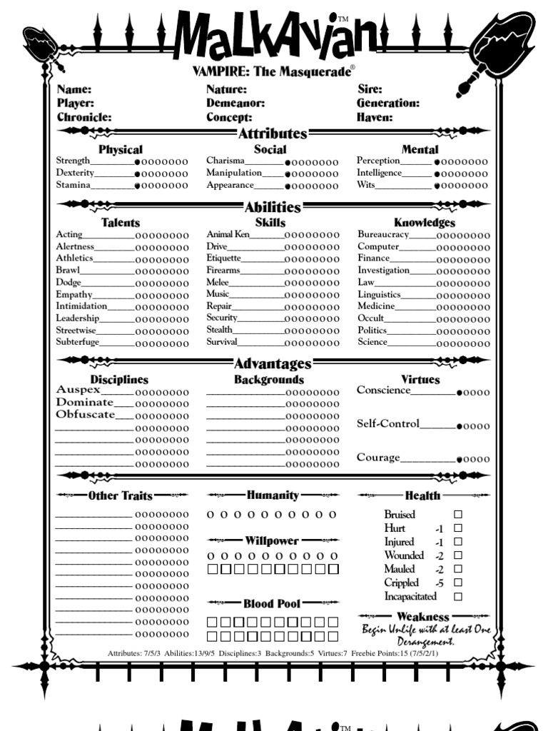 Malkavian Character Sheet | PDF | Role Playing Games | Leisure