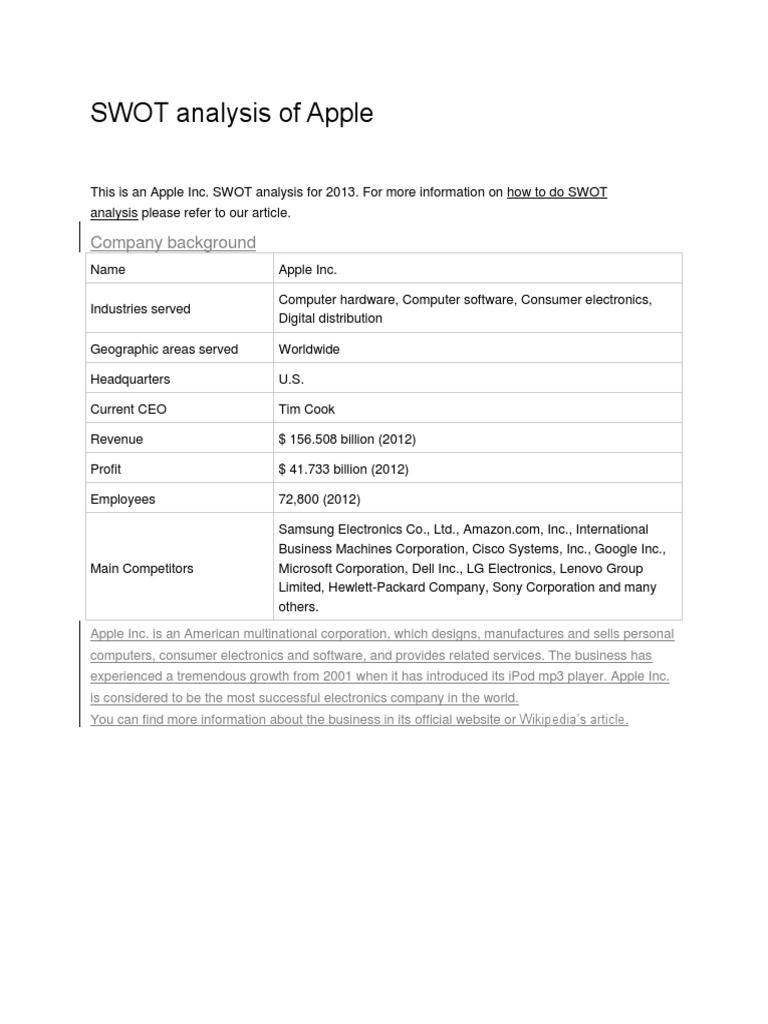 SWOT Analysis of Apple | PDF | Apple Inc. | I Pad