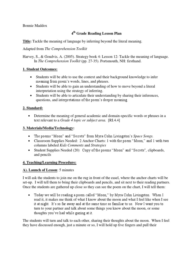 4th Grade Poetry Inference Lesson | PDF | Understanding | Poetry