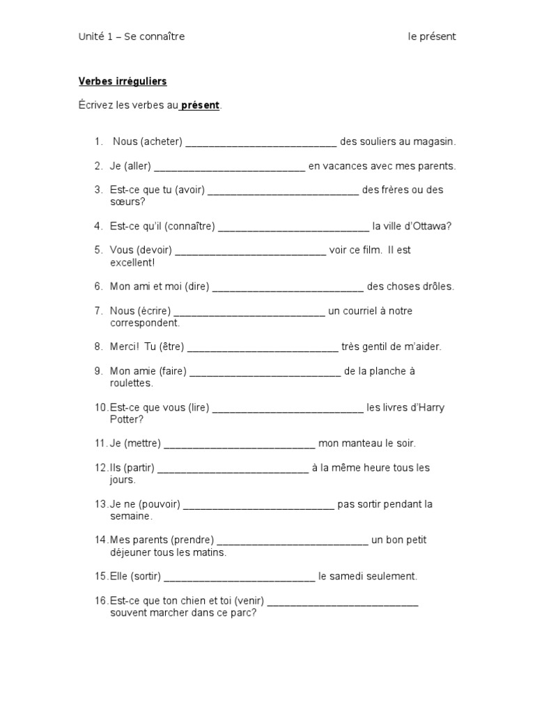 Exercices de Verbes Irréguliers au Présent | PDF