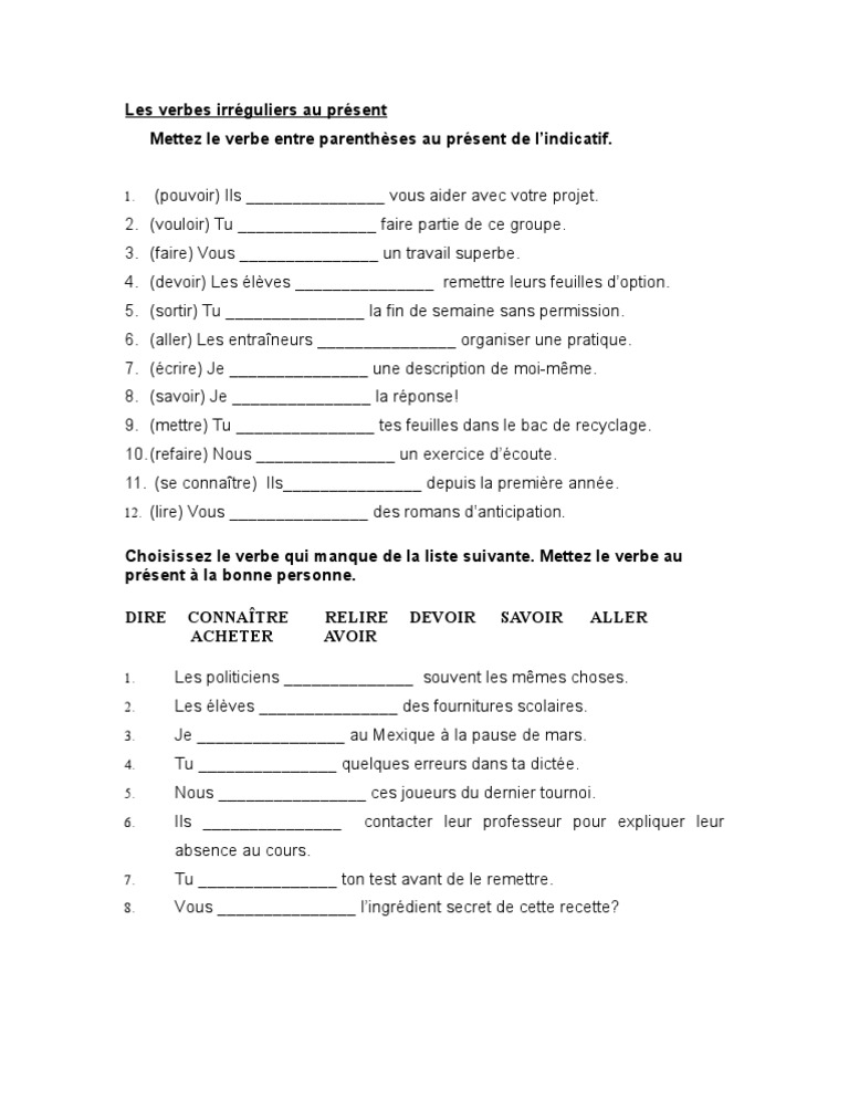 Exercice - Les Verbes Irréguliers | PDF | Échecs | Théorie (échecs)