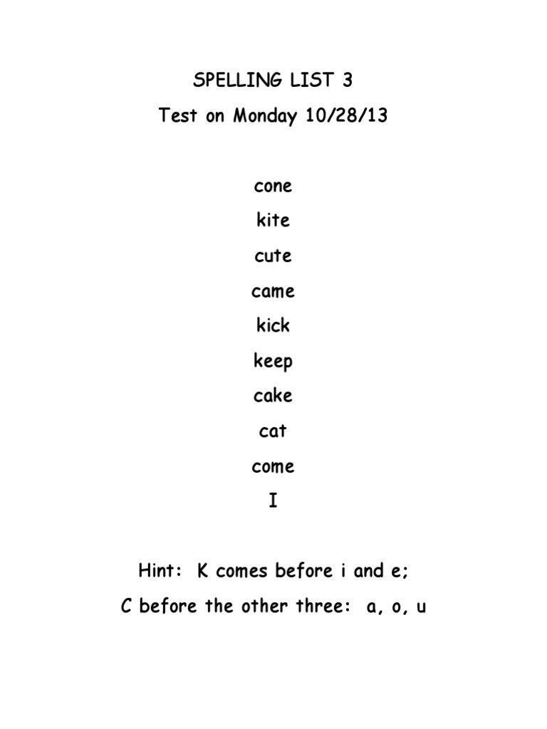 Spelling List 3 for Test on 10/28/13 | PDF