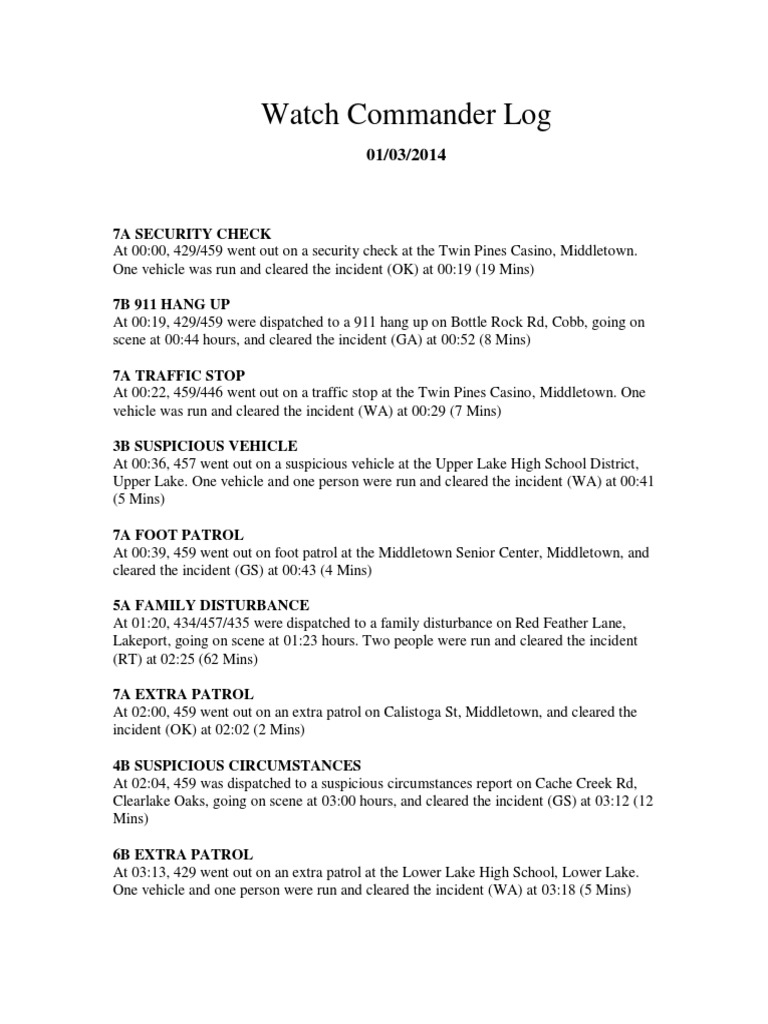 Lake County Sheriff's Watch Commander Logs | PDF | Traffic | Road Transport