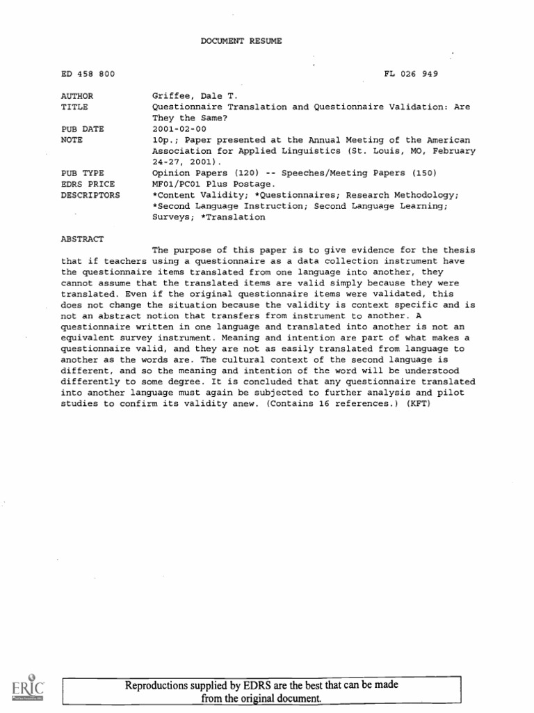 Questionnaire Translation | PDF