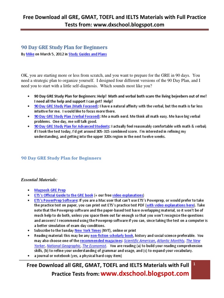 90 Day GRE Study Plan For Beginners | PDF | Graduate Record ...
