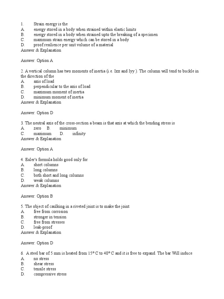 Strength of Materials Multiple Choice Questions | PDF | Stress ...