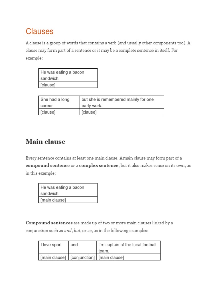 Clauses: Main Clause | Download Free PDF | Clause | Sentence (Linguistics)