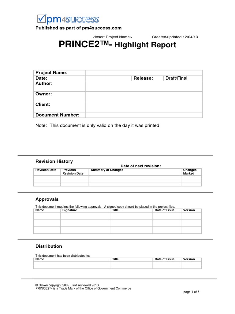 Prince 2 Highlight Report 2013 | PDF | Business | Computing